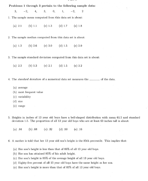 Solved Problems 1 through 3 pertain to the following sample | Chegg.com