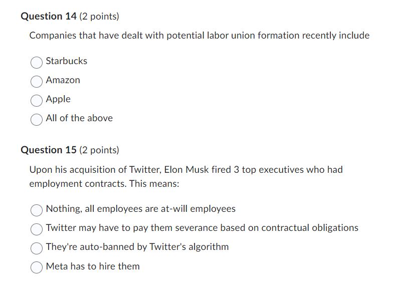 Solved Question 14 (2 ﻿points)Companies that have dealt with | Chegg.com