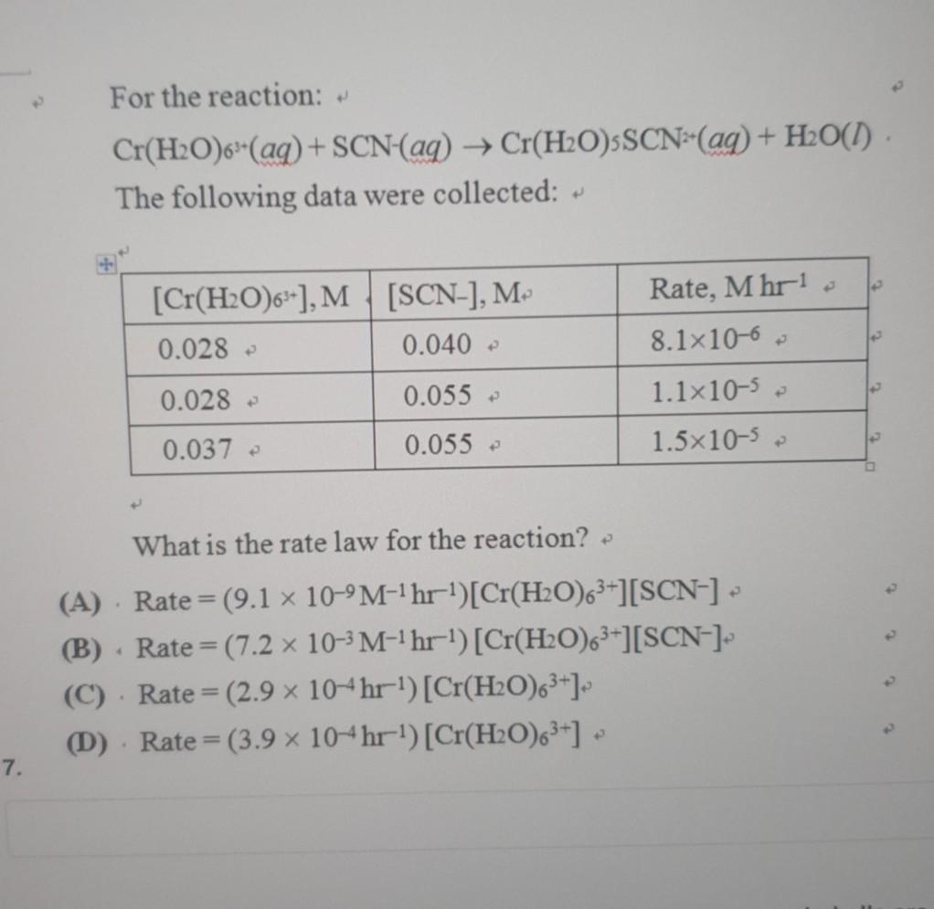 Solved For the reaction: - Cr(H20)6(aq) + SCN- (aq) → | Chegg.com