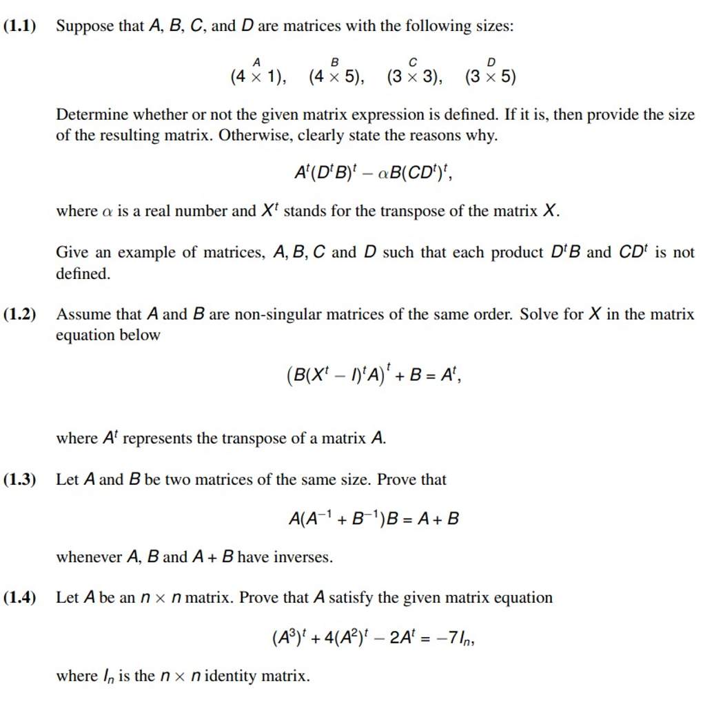 Solved (1.1) ﻿Suppose that A,B,C, ﻿and D ﻿are matrices with | Chegg.com