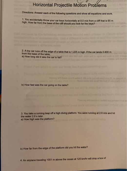 Solved Horizontal Projectile Motion Problems Directions: | Chegg.com