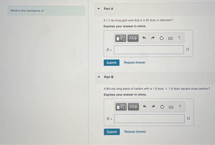 Solved What is the resistance of Part A A 1.7-m-long gold | Chegg.com