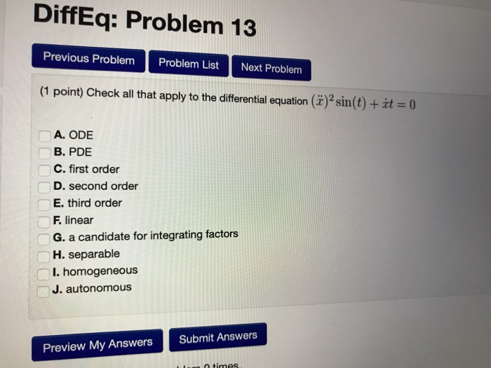 Solved illleq/11 DiffEq: Problem 11 Previous Problem Problem | Chegg.com