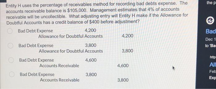 Solved Entity H uses the percentage of receivables method | Chegg.com