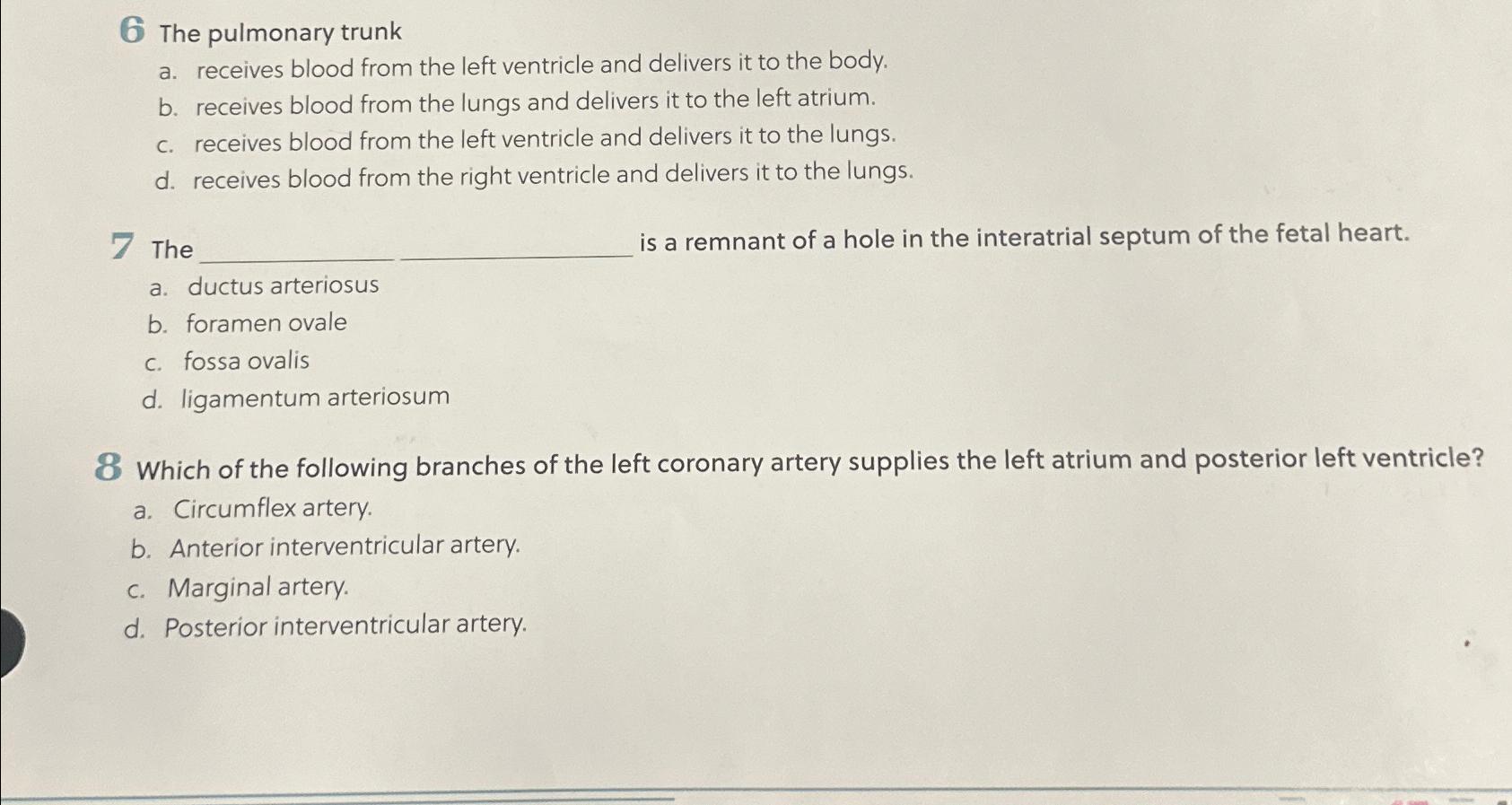 Solved 6 ﻿The pulmonary trunka. ﻿receives blood from the | Chegg.com