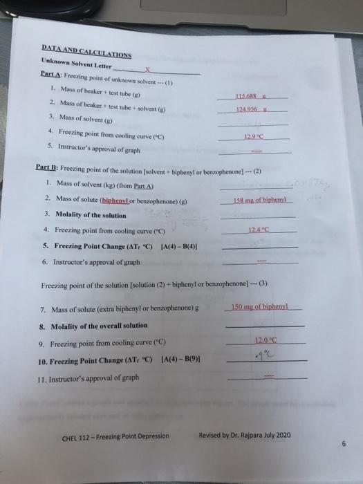 Solved DATA AND CALCULATIONS Unknown Solvent Letter Part A | Chegg.com