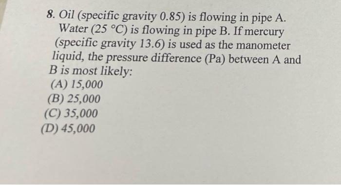 Solved 8. Oil (specific gravity 0.85) is flowing in pipe A. | Chegg.com