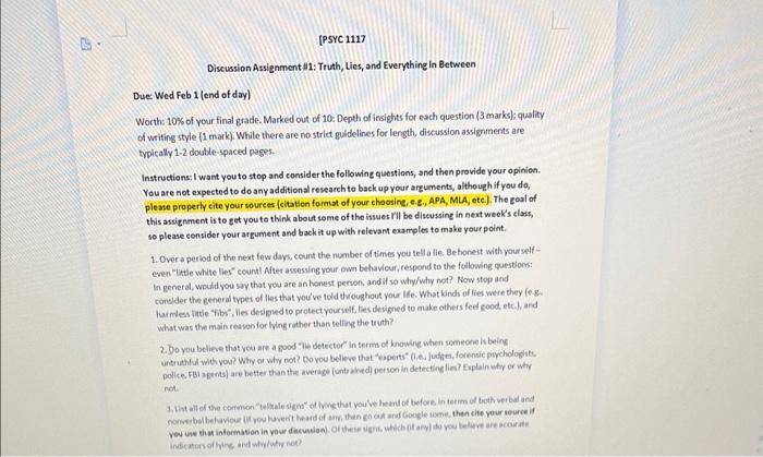 Solved Discussion Assignment \#11: Truth, Lies, and | Chegg.com