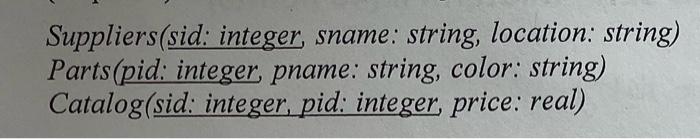Solved Suppliers (sid: integer, sname: string, location: | Chegg.com