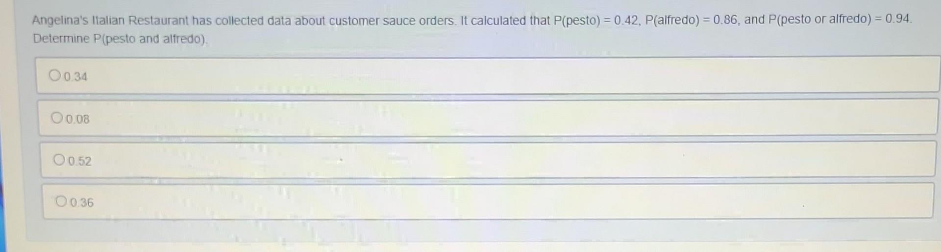 Solved Angelina's Italian Restaurant has collected data | Chegg.com