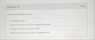 Solved Question 101 ﻿ptsThe Sierran batholith formed. q,In | Chegg.com