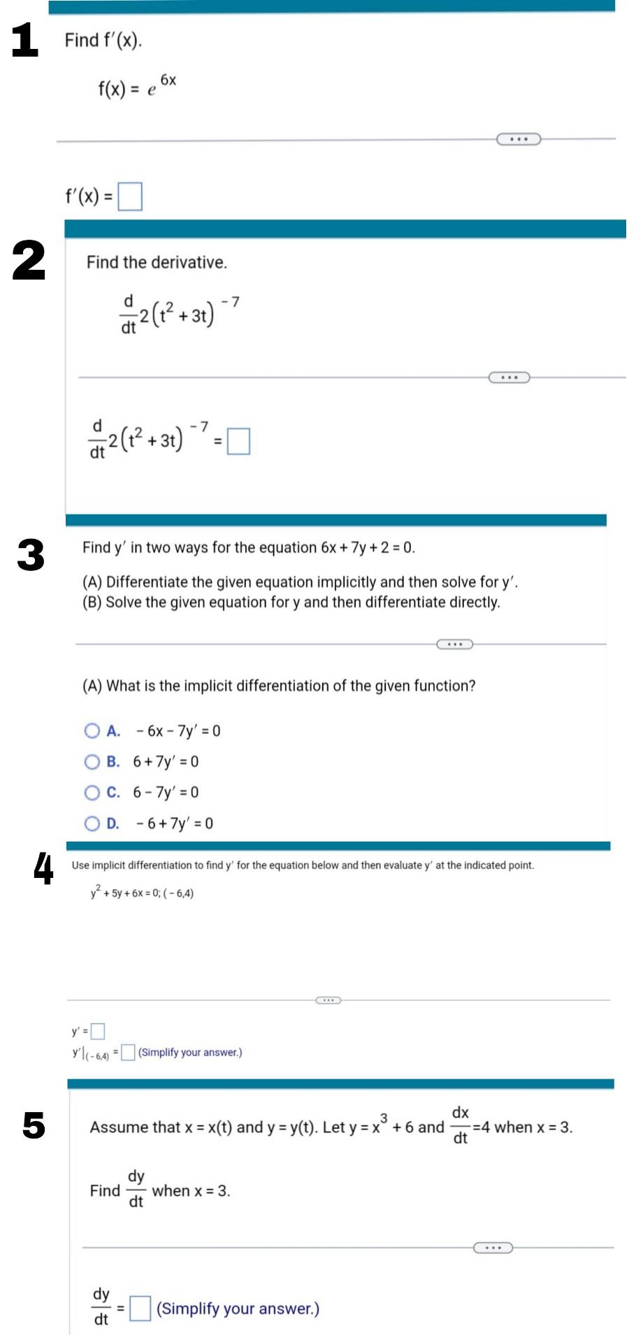 Solved Find F′ X F X E6x F′ X Find The Derivative
