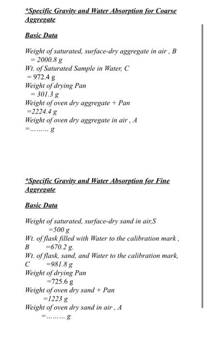 Solved *Specific Gravity and Water Absorption for Coarse | Chegg.com