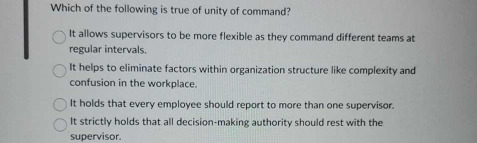 Solved Which of the following is true of unity of command?It | Chegg.com