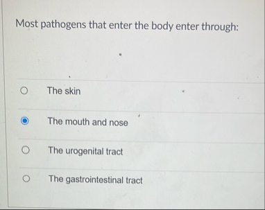 Solved Most pathogens that enter the body enter through:The | Chegg.com