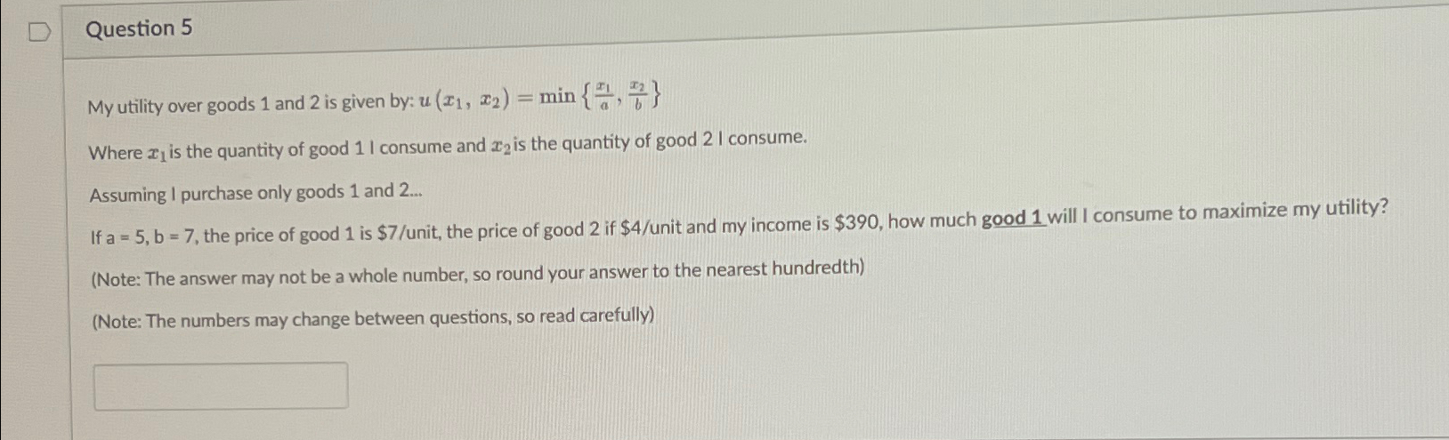 Solved Question 5My utility over goods 1 ﻿and 2 ﻿is given | Chegg.com