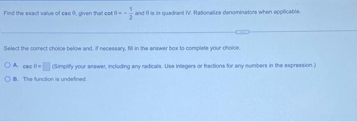 Solved Find the exact value of \\( \\csc \\theta \\), given | Chegg.com