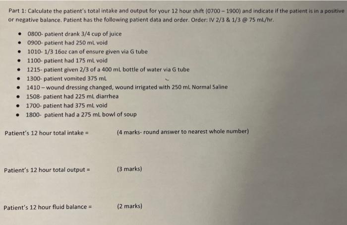 Solved Part 1: Calculate the patient's total intake and | Chegg.com