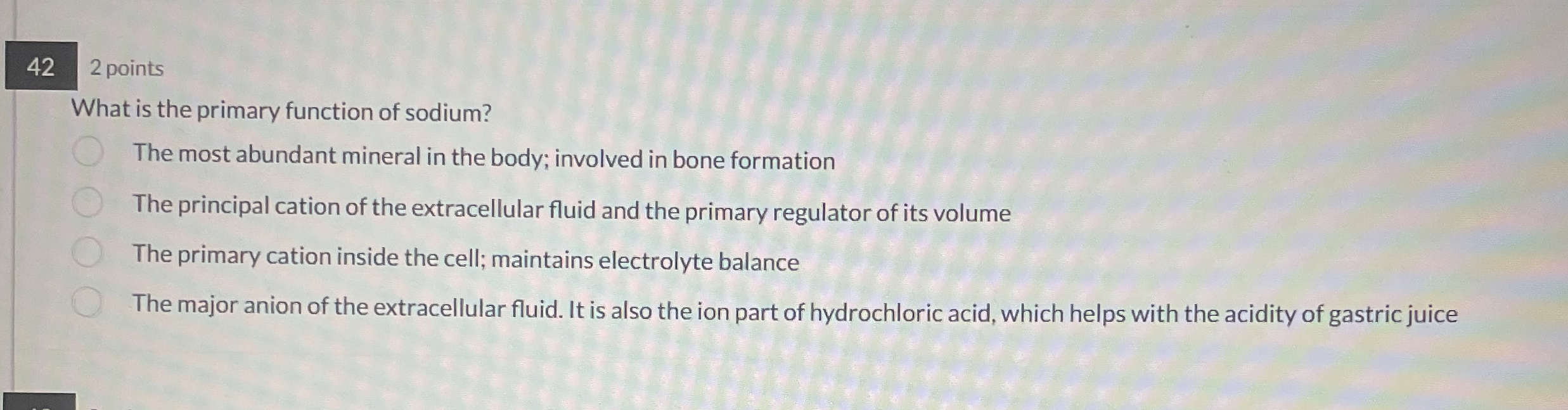 Solved 422 ﻿pointsWhat is the primary function of sodium?The | Chegg.com