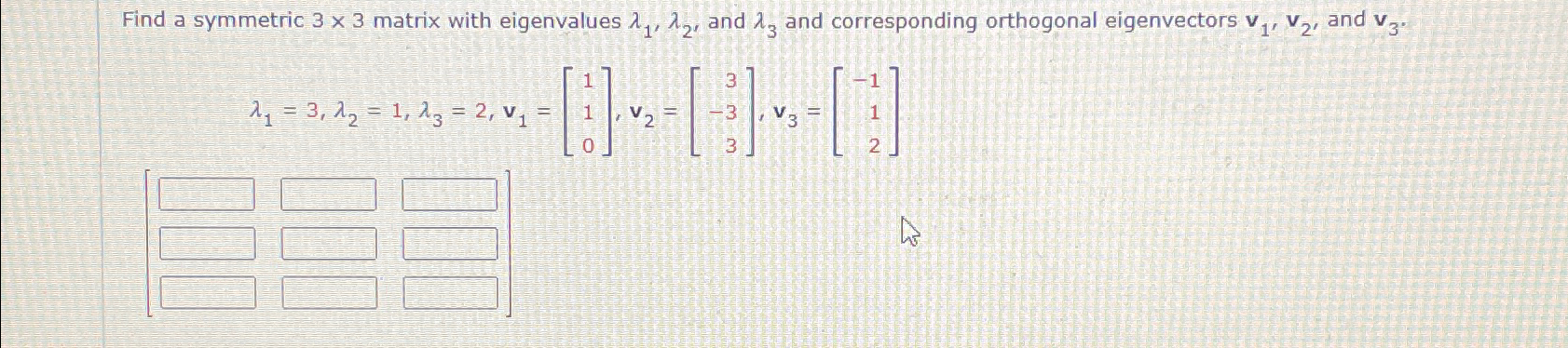 Solved Find a symmetric 3×3 ﻿matrix with eigenvalues λ1,λ2, | Chegg.com