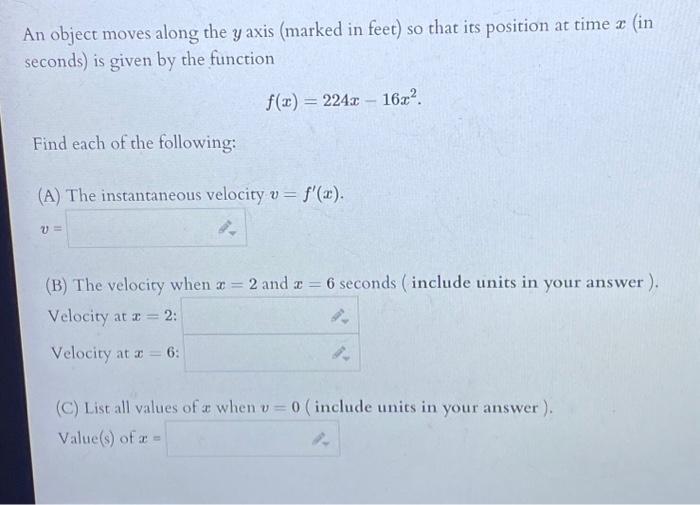 Solved An object moves along the y axis (marked in feet) so | Chegg.com