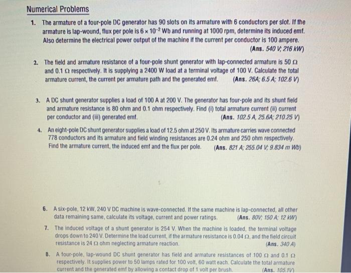 Solved Numerical Problems 1. A four-pole, lap wound DC | Chegg.com