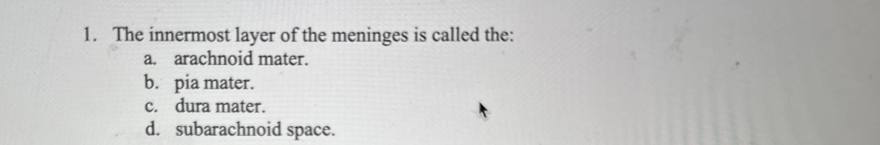 Solved The innermost layer of the meninges is called the:a. | Chegg.com