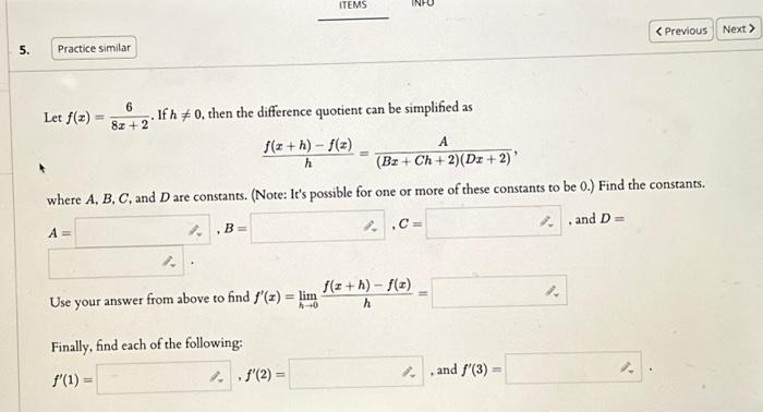 Solved 5. Practice similar Let f(x)= 6 8x + 2 A = If h 0, | Chegg.com