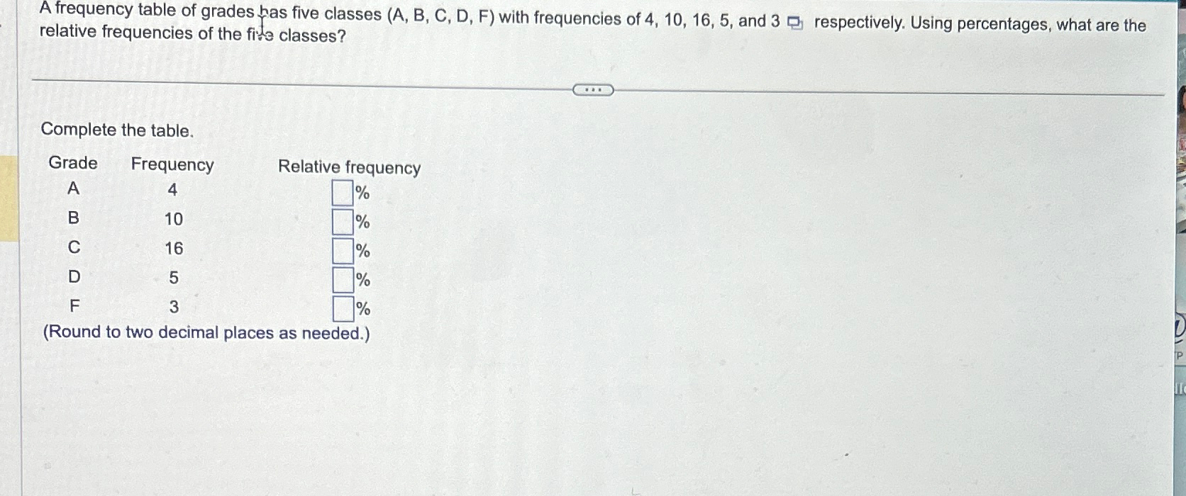 Solved A frequency table of grades has five classes (A, ﻿B, | Chegg.com