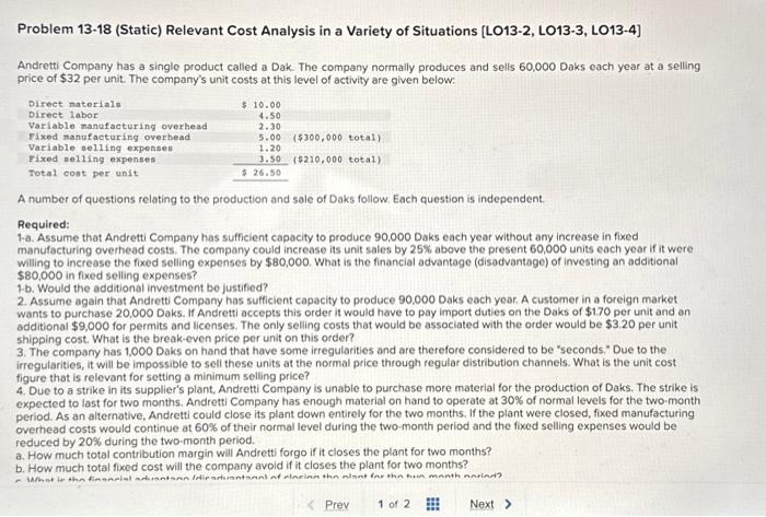 Solved Problem 13-18 (Static) Relevant Cost Analysis in a | Chegg.com