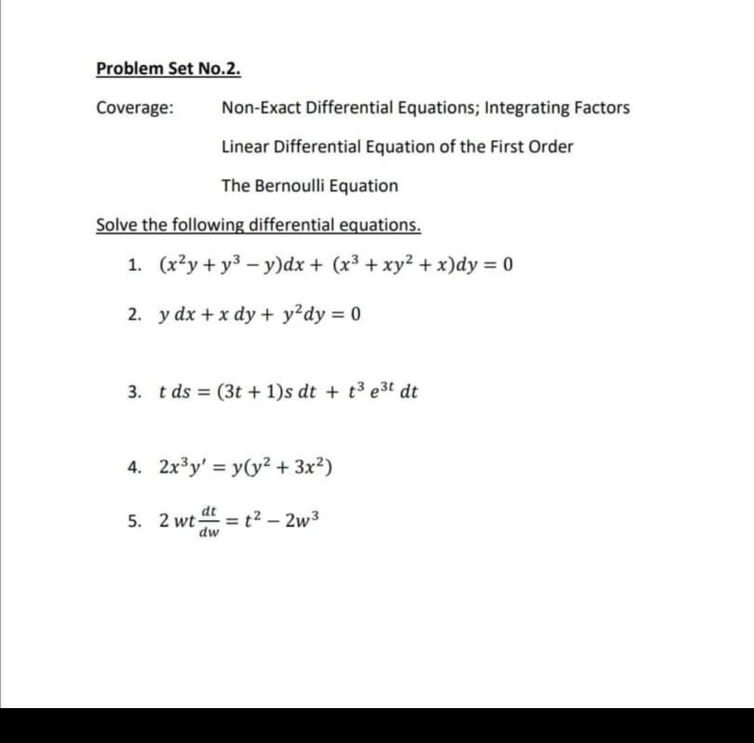 Solved Problem Set No.2. Coverage: Non-Exact Differential | Chegg.com