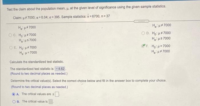Solved Test the claim about the population mean, w, at the | Chegg.com