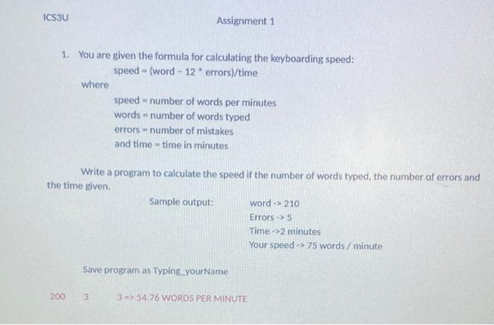 Solved ICS3U Assignment 1 1. You are given the formula for | Chegg.com