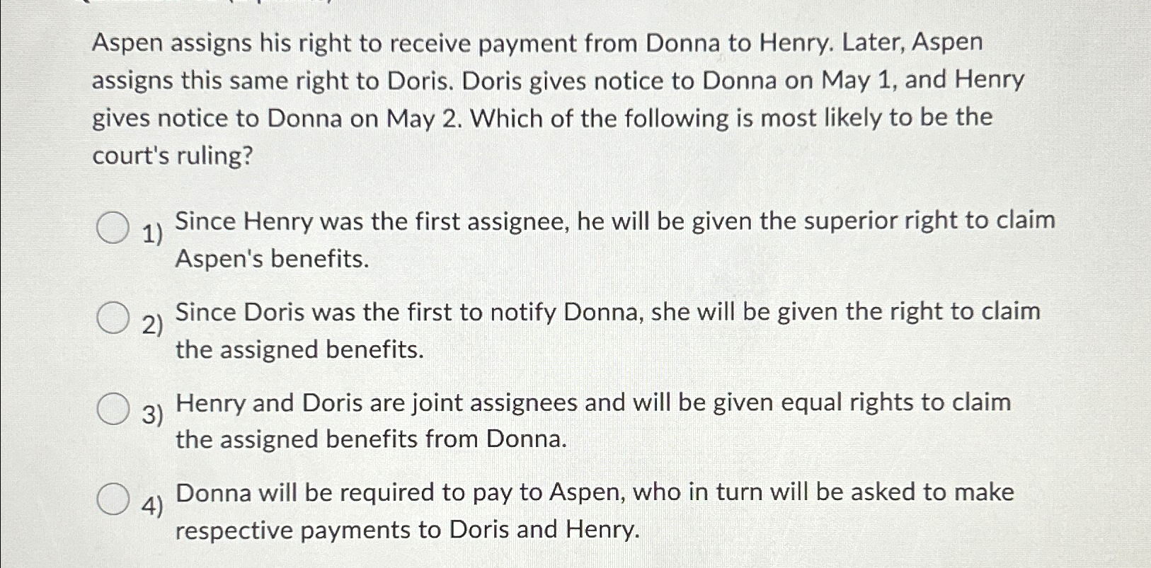 Solved Aspen assigns his right to receive payment from Donna | Chegg.com