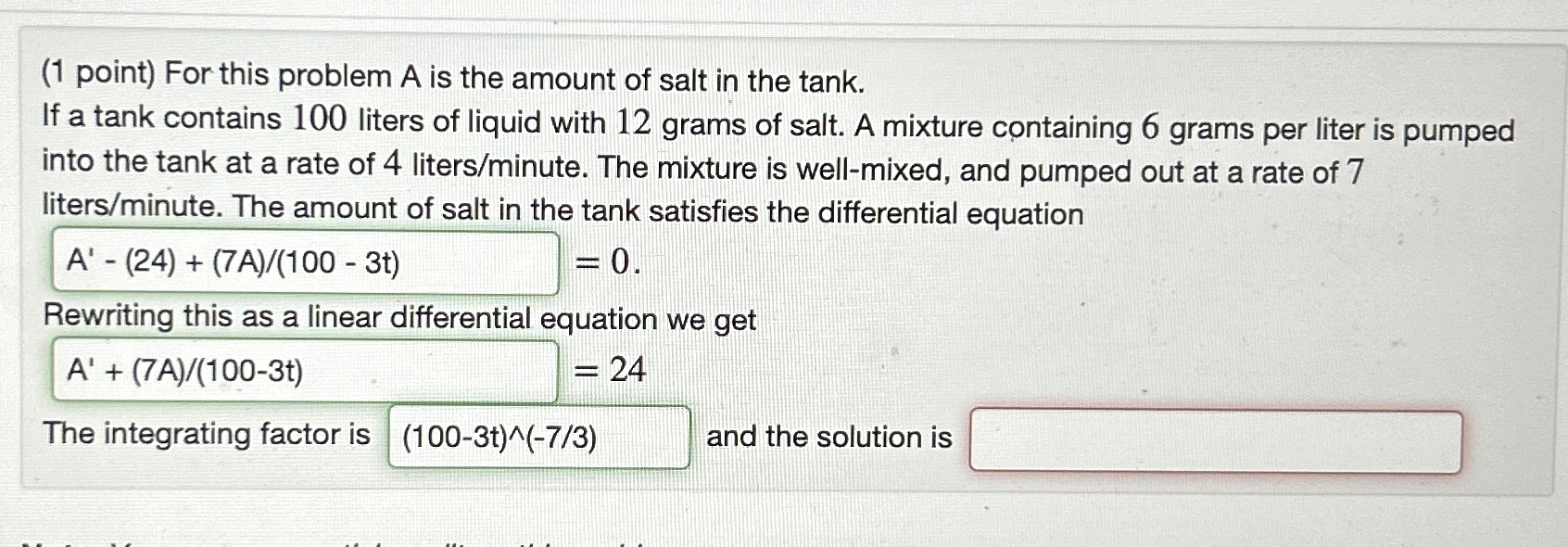 Solved (1 ﻿point) ﻿For this problem A ﻿is the amount of salt | Chegg.com