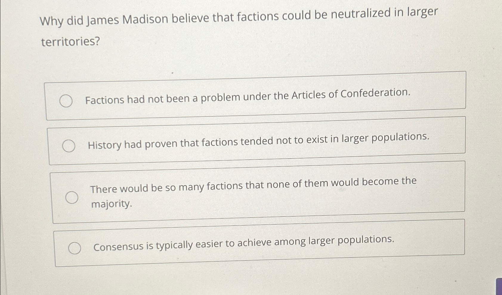 Solved Why did James Madison believe that factions could be | Chegg.com