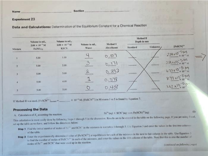 Name Section Experiment 23 Data and Calculations: | Chegg.com