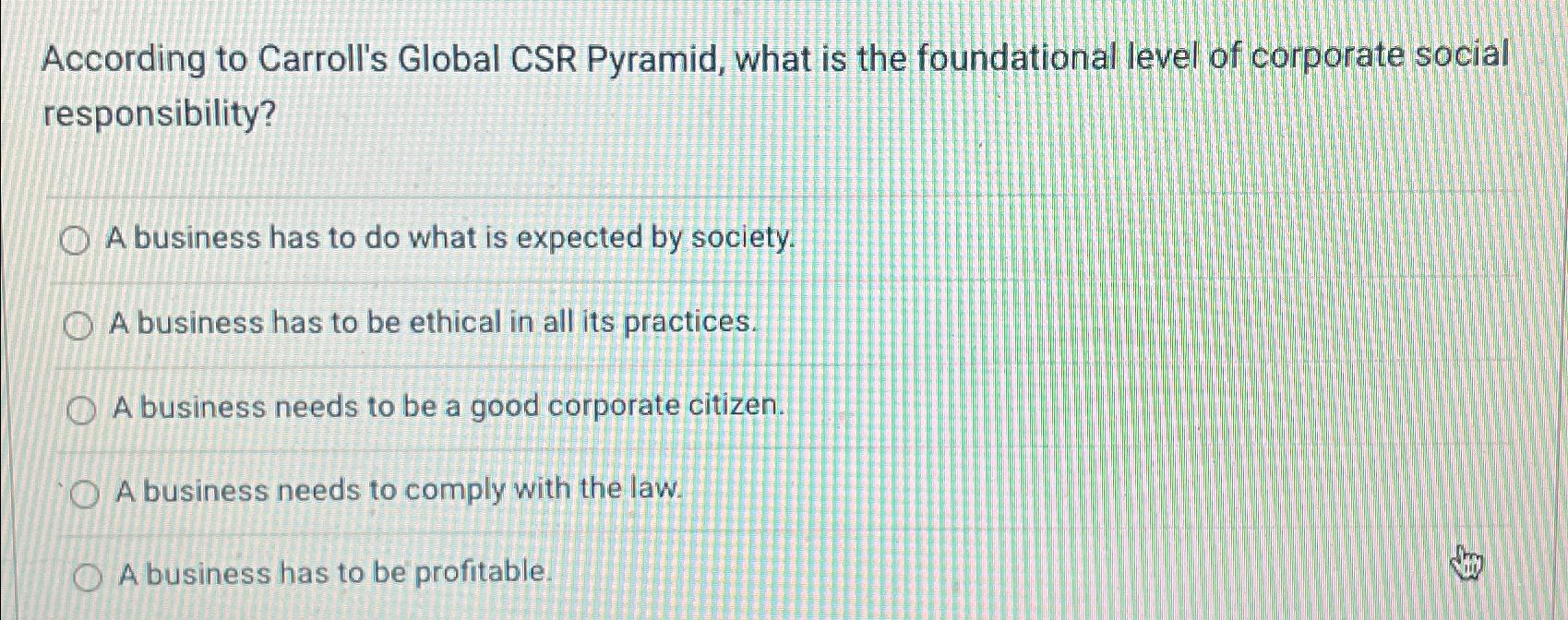 Solved According to Carroll's Global CSR Pyramid, what is | Chegg.com