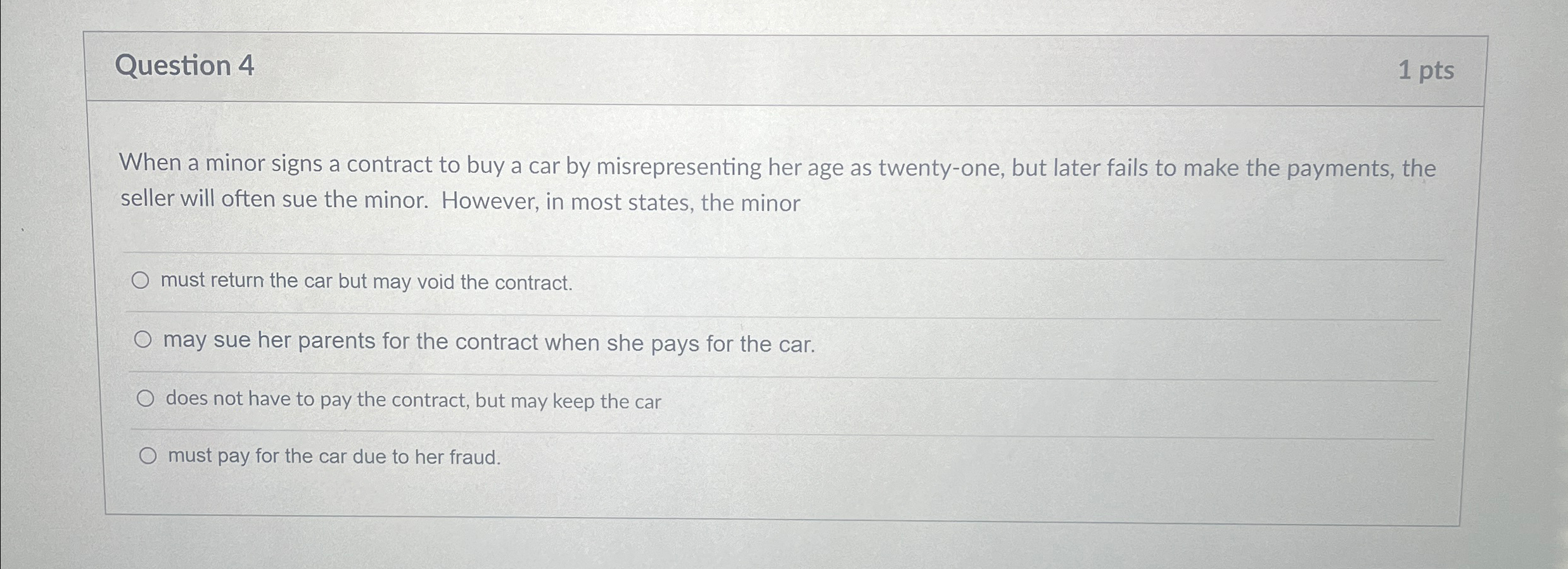 Solved Question 41 ﻿ptsWhen a minor signs a contract to buy | Chegg.com