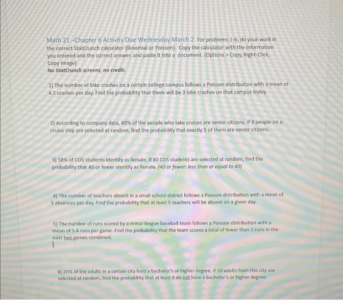 Solved Math 21 - Chapter 6 Activity Due Wednesday March 2 | Chegg.com