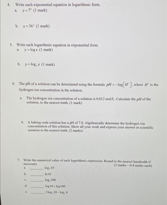 Solved 4. Write each exponential equation in logarithmic | Chegg.com
