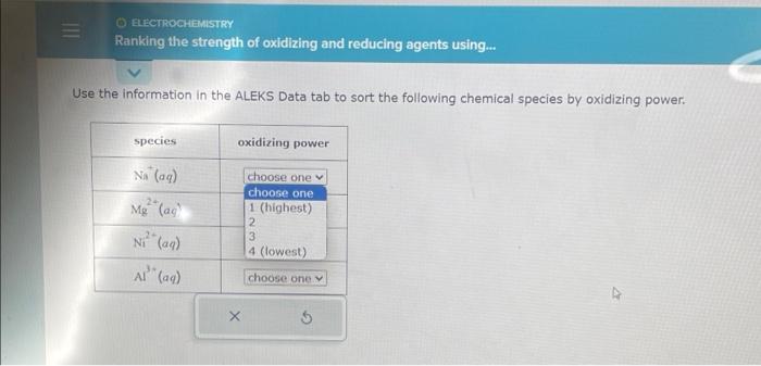 Solved O ELECTROCHEMISTRY Ranking the strength of oxidizing | Chegg.com