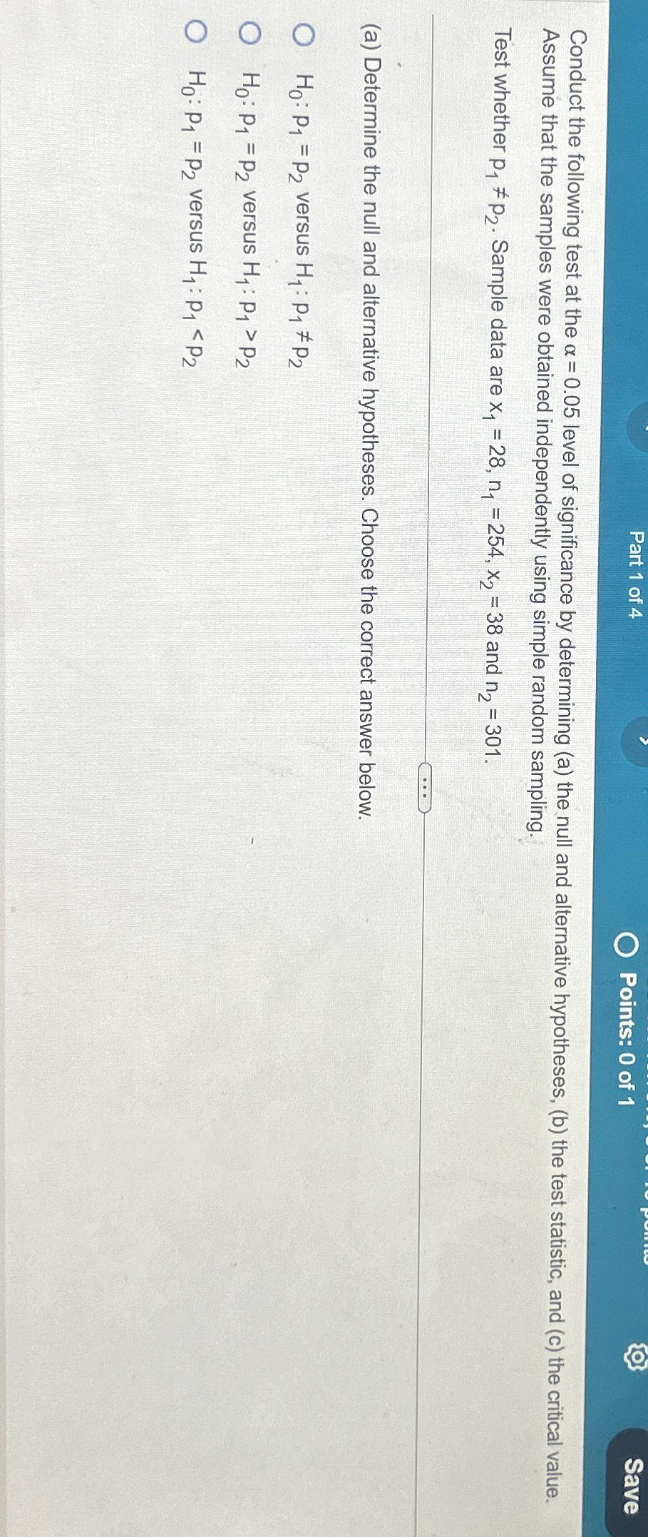 Solved Part 1 ﻿of 4Points: 0 ﻿of 1SaveConduct the following | Chegg.com