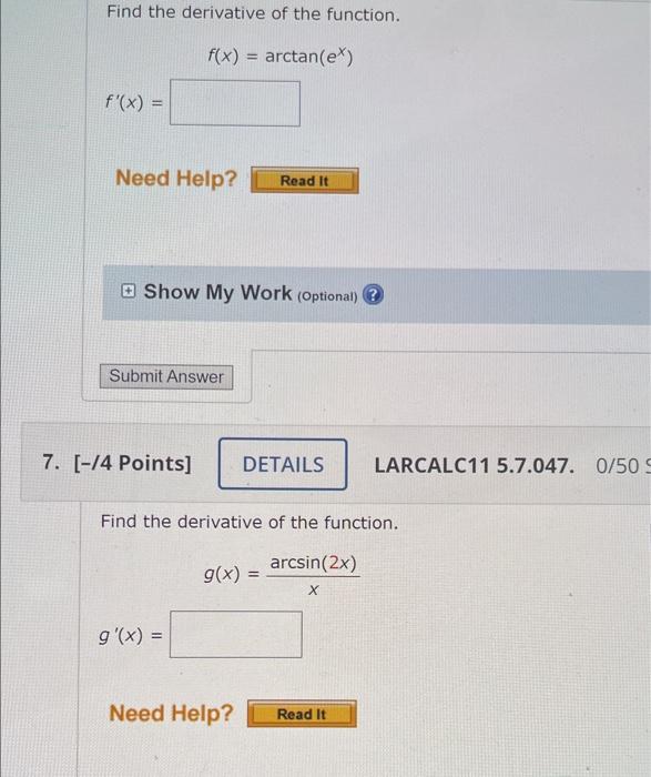 Solved Find the derivative of the function. f(x)=arctan(ex) | Chegg.com