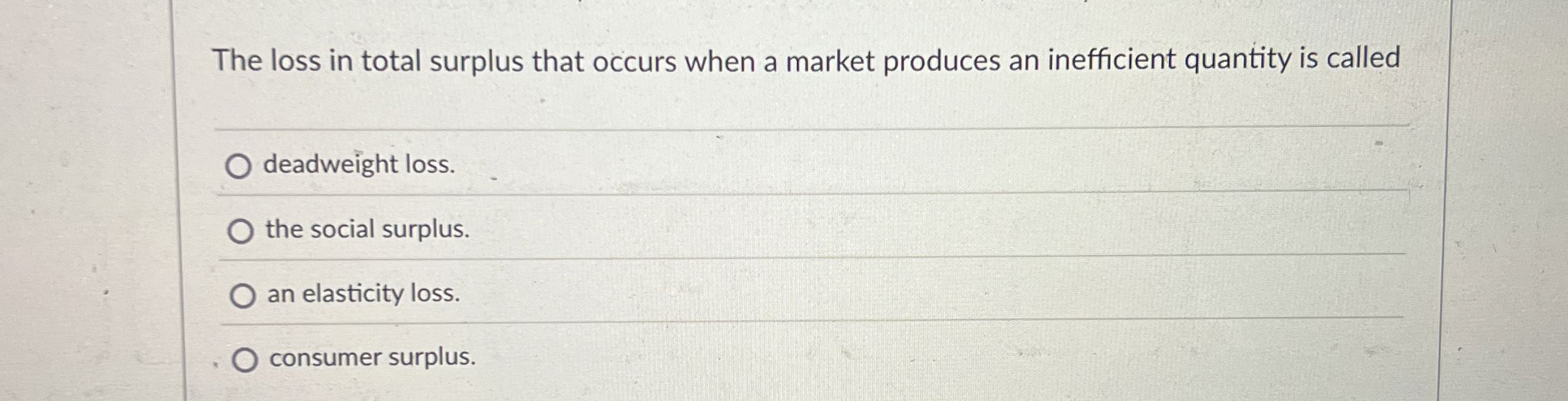 Solved The loss in total surplus that occurs when a market | Chegg.com
