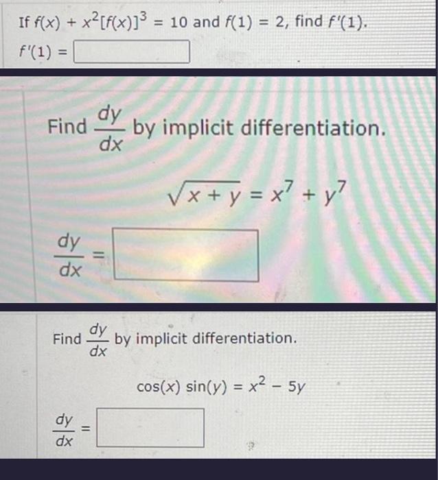 Solved If f(x)+x2[f(x)]3=10 and f(1)=2, find f′(1) f′(1)= | Chegg.com