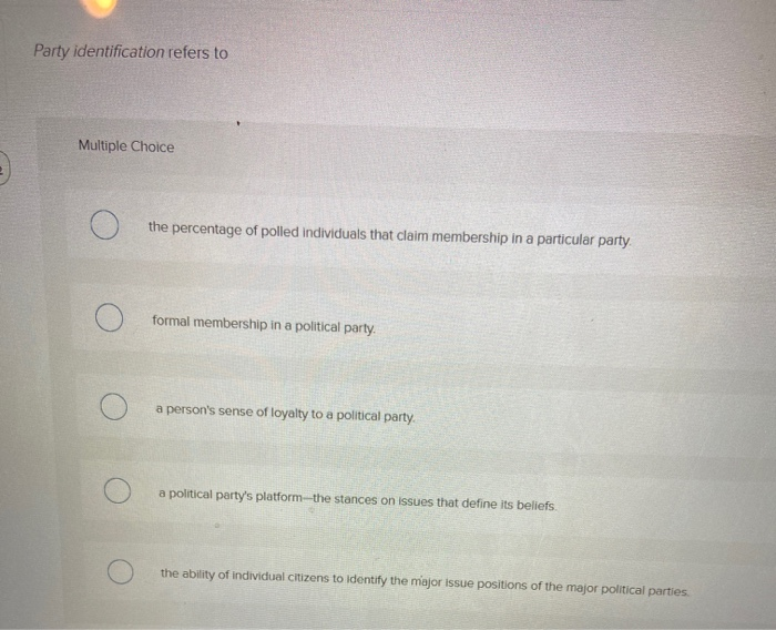Party identification refers to Multiple Choice 0 the | Chegg.com