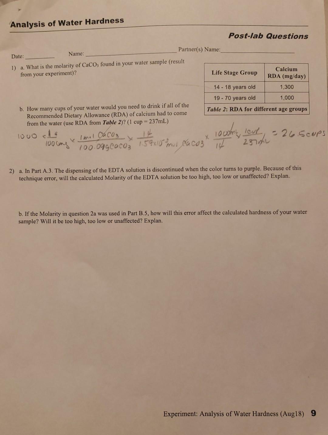 Solved Analysis of Water Hardness Report Sheet Partner(s) | Chegg.com