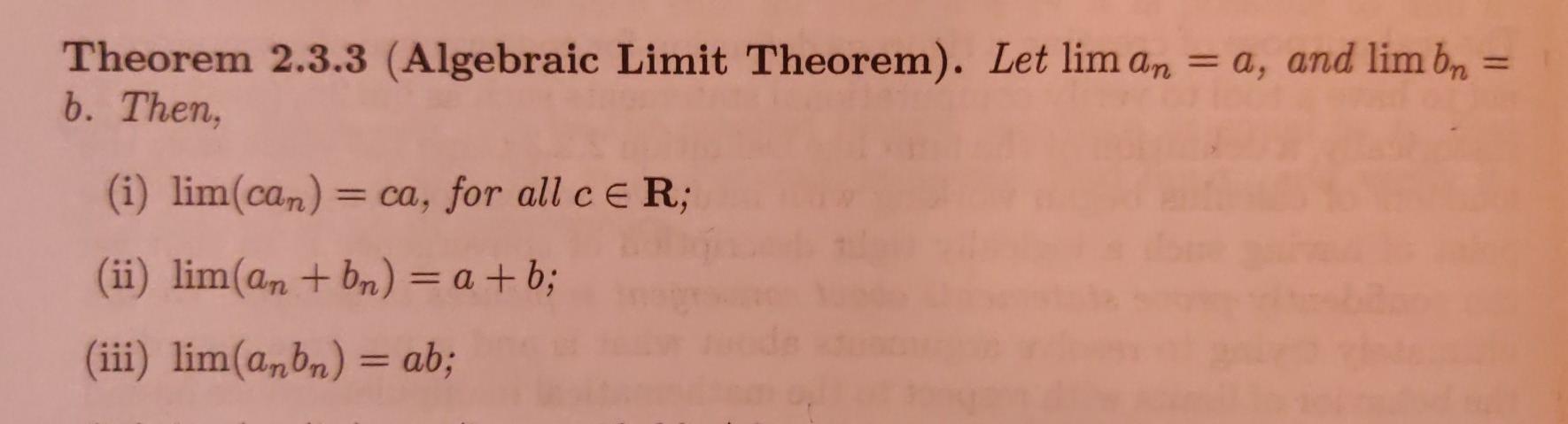 Solved Theorem 2.3.3 (Algebraic Limit Theorem). Let lim an = | Chegg.com