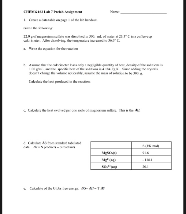 Solved Name CHEM&163 Lab 7 Prelab Assignment Create a data | Chegg.com